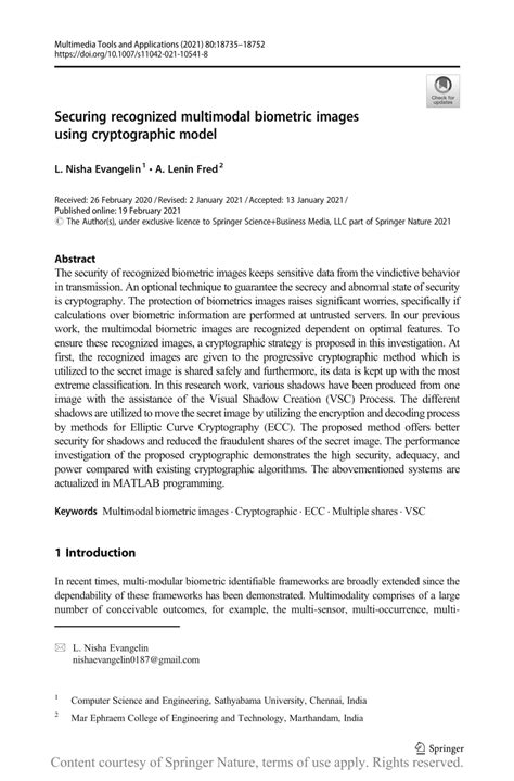 Securing Recognized Multimodal Biometric Images Using Cryptographic Model Request Pdf