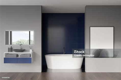 흰색 세라믹 욕조 싱크대가있는 현대적인 욕실 인테리어 벽에 파란색 타일 나무 바닥 회색 벽에 빈 액자 포스터 모형 3d 렌더링 0명에 대한 스톡 사진 및 기타 이미지