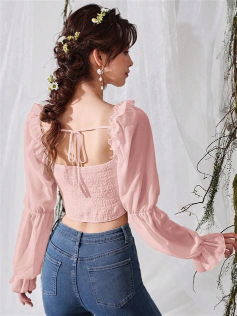 Shein Mod Square Neck Frill Trim Flounce Sleeve Tie Backless Crop Blouse Shein Usa