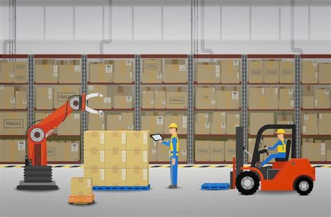 작업자와 로봇 팔 작업 평면 디자인 벡터 일러스트와 함께 처리 중인 창고 프리미엄 벡터