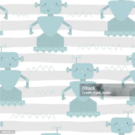 흰색에 귀여운 로봇과 로봇 패턴입니다 벡터 일러스트 레이 션 과학에 대한 스톡 벡터 아트 및 기타 이미지 과학 귀여운