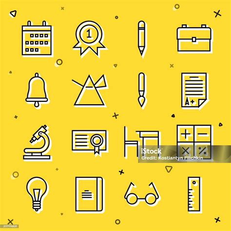 선 눈금자 계산기 A 플러스 등급의 시험지 연필 지우개 프리즘의 광선 울리는 종 달력 및 페인트 브러시 아이콘을 설정합니다 벡터 검은색에 대한 스톡 벡터 아트 및 기타