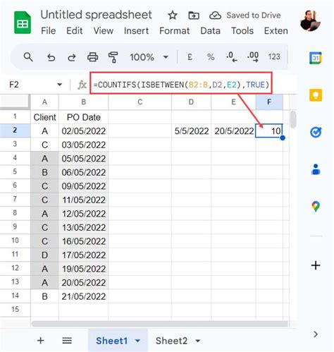 COUNTIFS With ISBETWEEN In Google Sheets