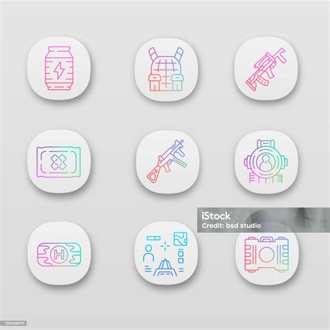 게임 인벤토리 앱 아이콘 세트입니다 에너지 음료 갑옷 무기 붕대 스나이퍼 총 조준 응급 처치 키트 컨테이너 Ui Ux 사용자 인터페이스 웹 모바일 응용 프로그램 벡터 절연