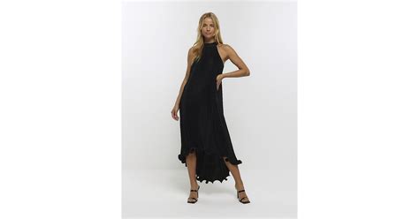 River Island Black Plisse Frill Hem Slip Midi Dress Lyst Uk