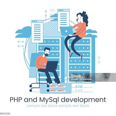 웹 사이트 아키텍처 개념 Php 및 Mysql Cms 콘텐츠 관리 시스템 웹 개발 소프트웨어 테스트 인터페이스 디자인 그래픽 요소 세트 플랫 스타일로 벡터 그림