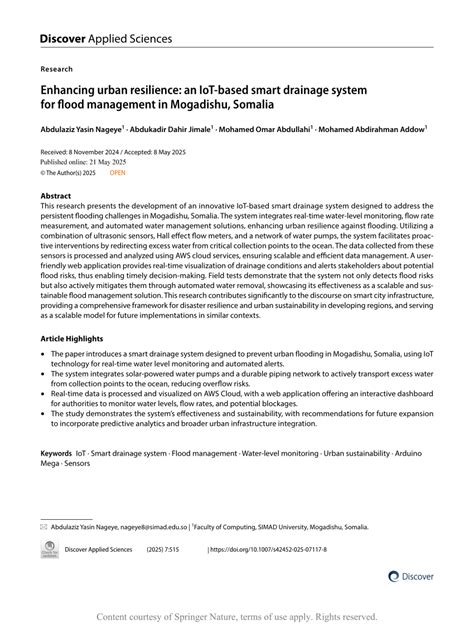 Pdf Enhancing Urban Resilience An Iot Based Smart Drainage System For Flood Management In