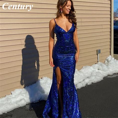 스파게티 스트랩 댄스 파티 드레스 V 목 여성 이브닝 드레스 로얄 블루 댄스 파티 드레스 높은 분할 맞춤 제작 블랙리스 나이트 드레스 Aliexpress