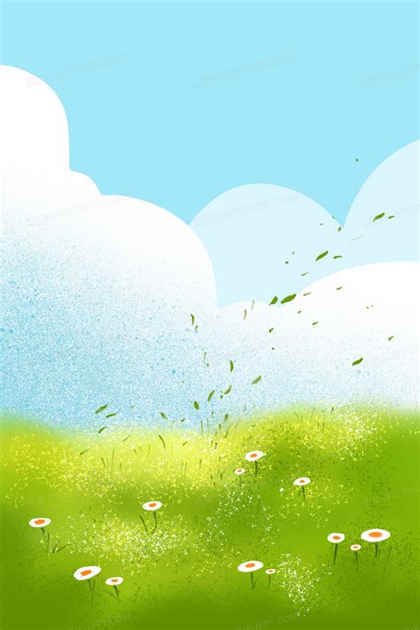 绿色清新草地蓝天白云手绘卡通插画素材背景图片素材免费下载 熊猫办公