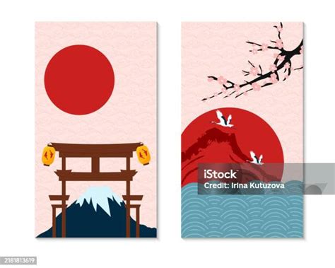 일본 풍경 카드 산 배경에 등불이 있는 의식 문 바다 벚꽃 두루미 미니멀리즘 일러스트레이션 스타일이 지정된 구름이 있는 배경입니다 0명에 대한 스톡 벡터 아트 및 기타