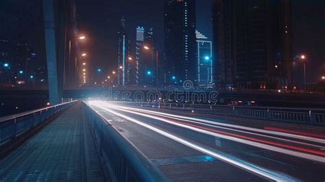 As Cars Pass Over The Bridge Light Trails Illuminate The Path Ahead