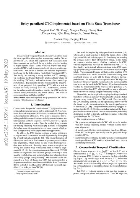 Pdf Delay Penalized Ctc Implemented Based On Finite State Transducer