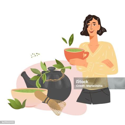 차를 양조하고 마시는 여자 흰색에 고립된 평면 벡터 그림 잎차에 대한 스톡 벡터 아트 및 기타 이미지 잎차 귀여운 녹색 Istock