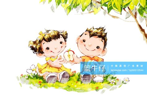 小男孩和小女孩吃苹果 蓝牛仔影像 中国原创广告影像素材
