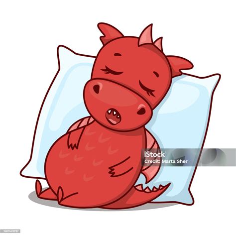 드래곤 만화 캐릭터입니다 큰 베개 레드 드래곤에서 자고 있는 귀여운 사람 수면 꿈꾸기 낮잠 휴식 휴식 감정이 담긴 스티커 이모티콘 흰색 배경에 벡터 그림 0명에 대한 스톡