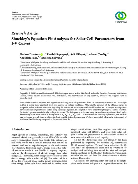 Pdf Shockleys Equation Fit Analyses For Solar Cell Parameters From I