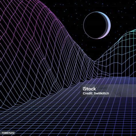 80 년대 와이어 프레임 그리드와 풍경 레트로 컴퓨터 게임 또는 과학 배경 3d 구조 태양과 산 그물망에 대한 스톡 벡터 아트 및 기타 이미지 Istock