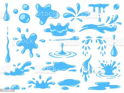 만화 블루 떨어지는 물 방울 튀김 스프레이 와 눈물 액체 흐름 파도 스트림 및 웅덩이 자연 물 모션 모양 벡터 세트 물이 튀는에 대한 스톡 벡터 아트 및 기타 이미지