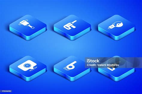 왕복 톱 건설 착암기 잎 정원 송풍기 원형 블레이드 전기 드릴 기계 및 앵글 그라인더 아이콘을 설정합니다 벡터 3차원 형태에 대한 스톡 벡터 아트 및 기타 이미지 Istock