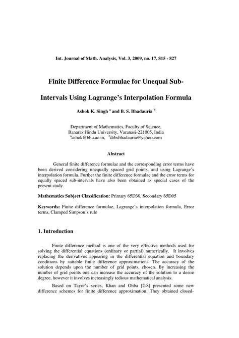 Pdf Finite Difference Formulae For Unequal Sub Intervals Using Lagranges Interpolation Formula