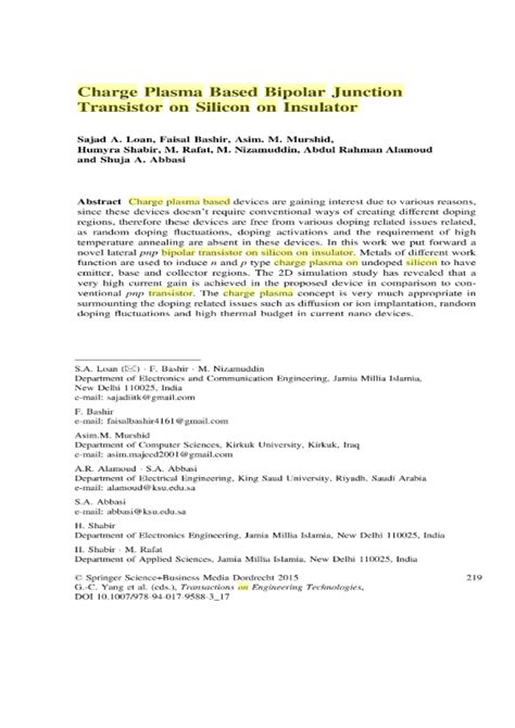 Pdf Charge Plasma Based Bipolar Junction Transistor On Silicon On Insulator