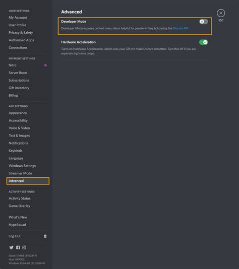 how to enable or disable developer mode on discord