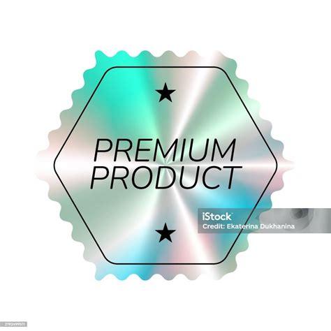 홀로그램 스티커 프리미엄 제품 기하학적 홀로그램 라벨 무지개 빛깔의 호일 접착 필름 컬러 태그 무지개 빛나는 엠블럼 고립 된 네온 벡터 일러스트 레이 션 라벨에 대한 스톡