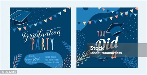 졸업 파티 벡터 배경 어두운 초대 카드 템플릿 당신은 텍스트 견적을했다 모자 깃발 식물 점 유기 모양대학원 디자인 현대 미술 미니멀 한 스타일 후면 및 전면 졸업식에 대한