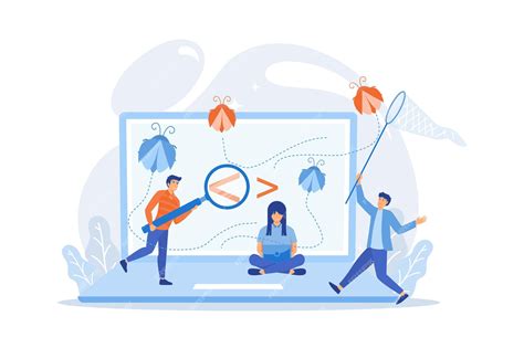 Premium Vector People Catching Bugs On The Laptop Screen With Angle Brackets It Software