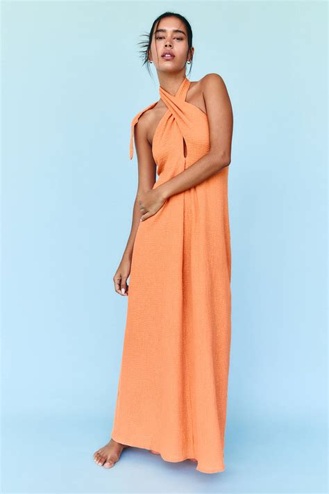 orange halter midi dress pullandbear
