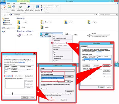 Pantallazos es Windows 2012 R2 Configurar instantáneas de volumen