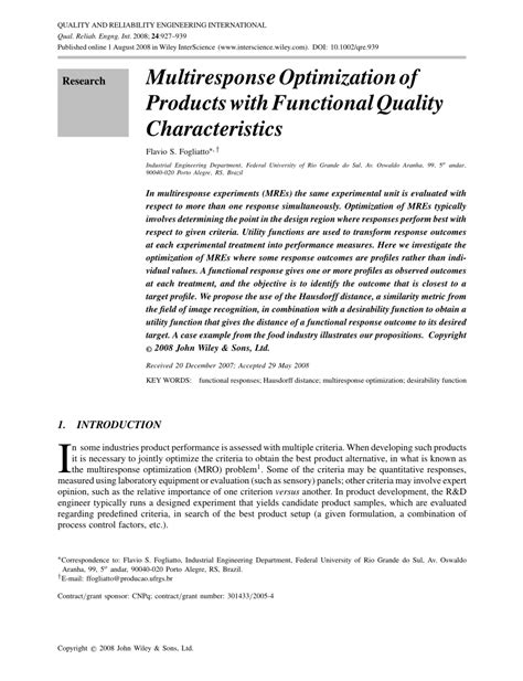 Pdf Multi Response Optimization Of Products With Functional Quality Characteristics