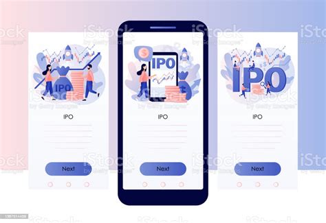 Ipo 개념 초기 공모 투자자 아이베스트 주식 시장 주식 회사 성장 수동 소득 투자 모바일 스마트 폰 응용 프로그램에 대한 화면 템플릿 현대 플랫 만화 스타일 벡터 주식공개