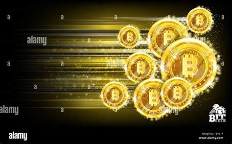 Horizontal Yellow Background With Bit Coins Flying With Speed Of Light