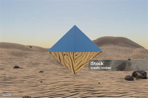 Single Metal Prism Pyramid Cube Hovering In The Air In Large Empty Desert Environment Abstract