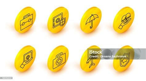 방패 비행기 구급 상자 손에 금고 생명 보험 우산 및 서류 가방 아이콘이 있는 라인 돼지 저금통을 설정합니다 벡터 3차원 형태에 대한 스톡 벡터 아트 및 기타 이미지