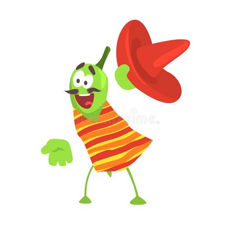 Funny Cartoon Smiling Green Pepper Character Wearing Ponchoand Sombrero