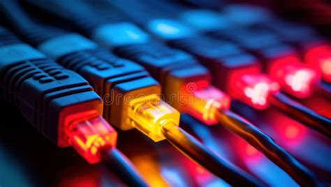 Close Up Of Illuminated Fiber Optic Cables Plugged Into A Server Concept Of High Speed Internet