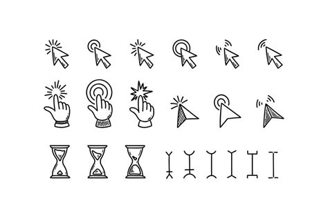 Doodle Click Icon Set Hand Drawn Mouse Typing Cursor Press Here Tap Button Arrow And Finger