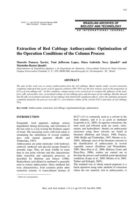 Pdf Extraction Of Red Cabbage Anthocyanins Optimization Of The Operation Conditions Of The
