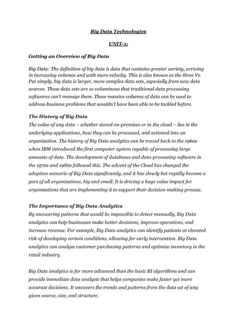 BDT UNIT Notes Big Data Technologies UNIT Getting An Overview Of Big Data Big Data The