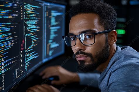 Programmer Solving Coding Errors Staring Intently At A Screen With