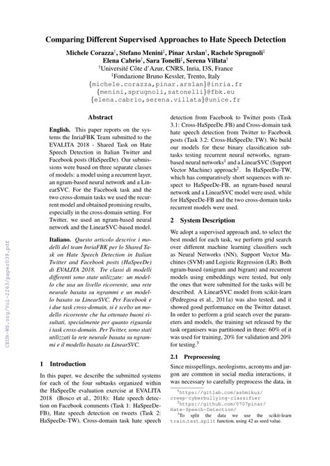 Pdf Comparing Different Supervised Approaches To Hate Speech Detection