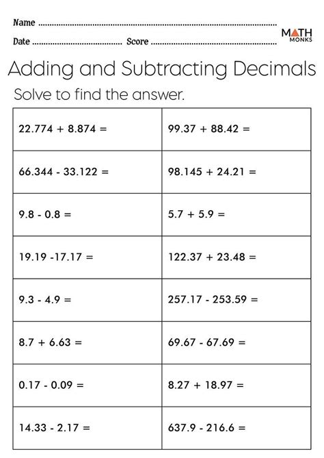 Decimal Addition Worksheets 5th Grade Ae0 In 2025 Subtracting Decimals Subtracting Decimals