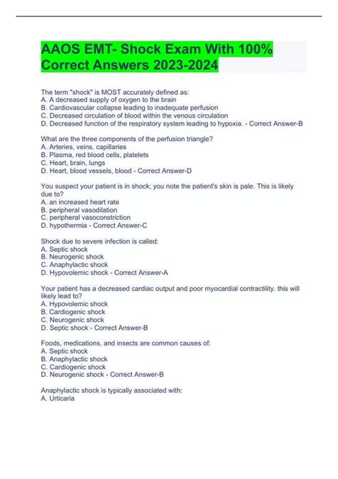 AAOS EMT Shock Exam With 100 Correct Answers AAOS Stuvia US