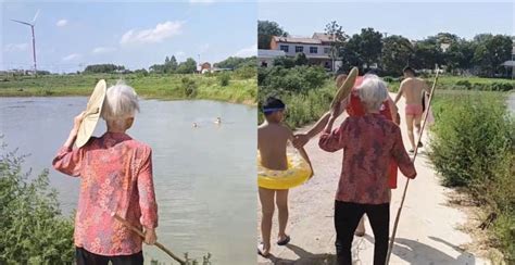 2个50岁孙子河中野泳，90岁奶奶拿长棍“追打”，幸福又温馨腾讯新闻