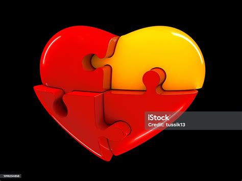 빨간색과 노란색 직소 퍼즐 심장 다이어그램 3d 그림 검은 배경에 고립 디자인에 대한 스톡 사진 및 기타 이미지 디자인 디지털 생성 이미지 라벨 Istock