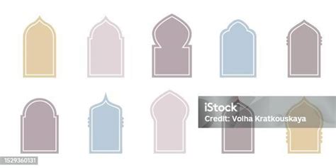 문 아치와 프레임의 이슬람 색깔 모양 오리엔탈 스타일의 아랍어 문과 창문 세트 아라비아 모양 아치입니다 이슬람 디자인 라벨