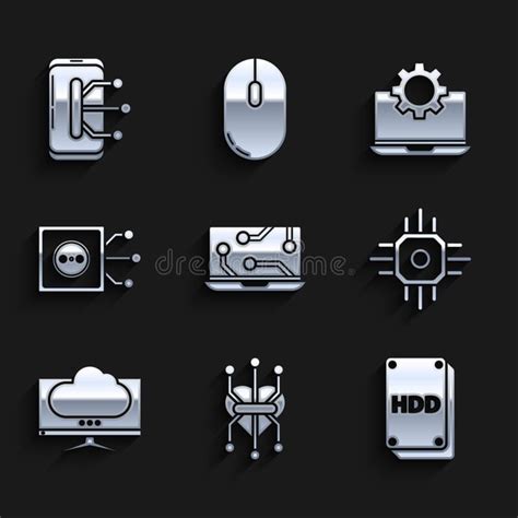 Set Laptop Processor Hard Disk Drive Hdd Computer Monitor Screen Remote Control And Gear