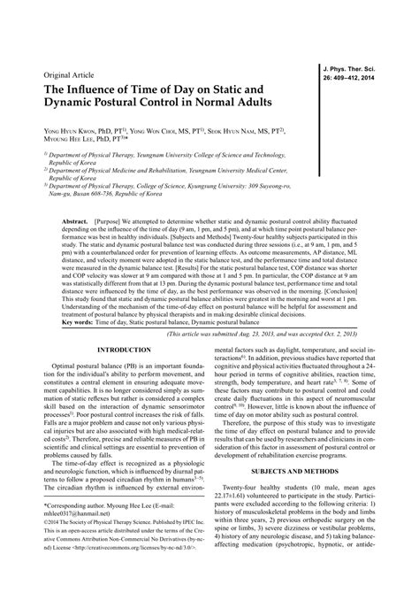 Pdf The Influence Of Time Of Day On Static And Dynamic Postural Control In Normal Adults